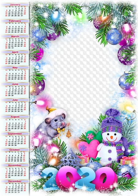 PSD, PNG, Funny snowman and rat, 2020 calendar photo frame