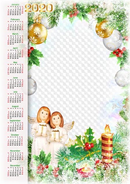 PSD, PNG, Two angels, Calendar 2020. Calendrier pour Photoshop.