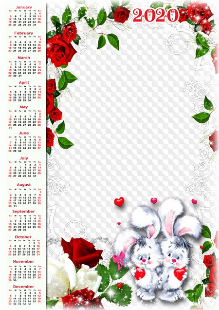 PSD, PNG, Romantic calendar 2020, Red roses, hearts and two bunnies ...