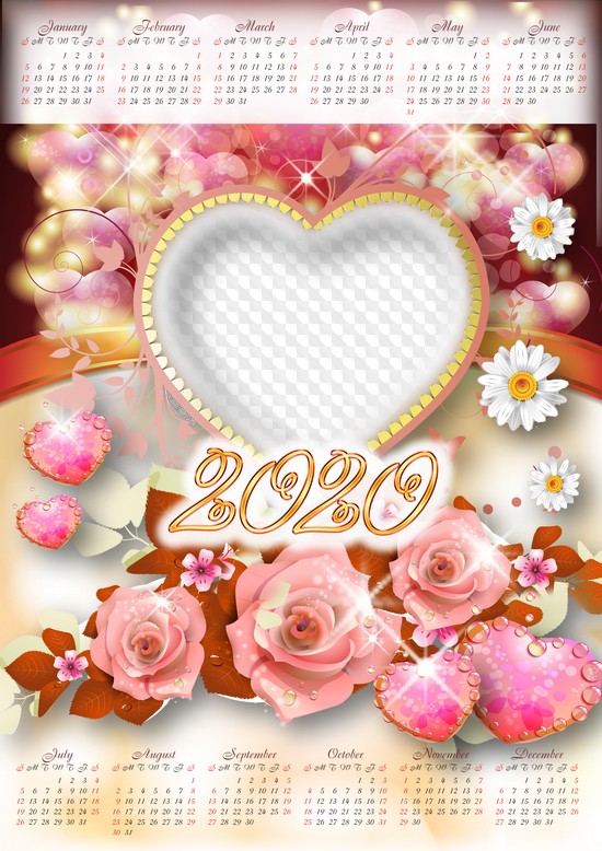 Calendar 2020, Roses and Hearts, PSD, PNG. Calendar for Photoshop.