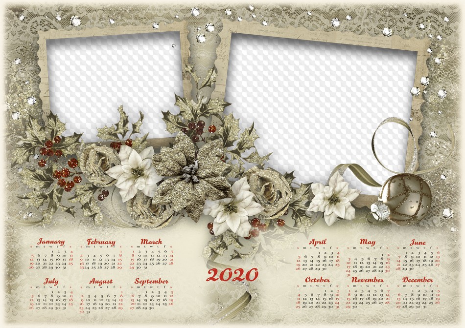 2020 Retro Calendar, Double Photo Frame, PSD, PNG