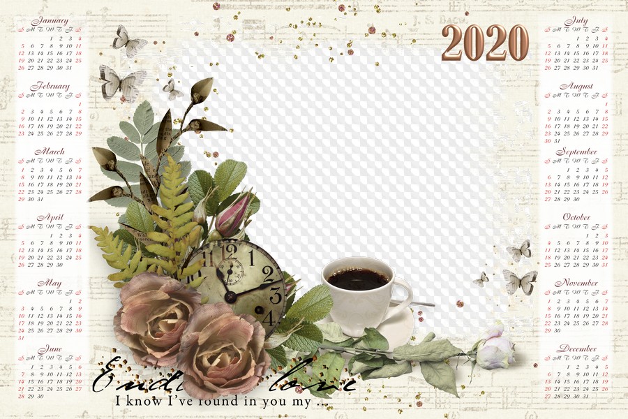 PSD, PNG, Calendar 2020, Vintage roses and coffee, photo frame