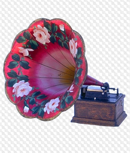 Phonographs, gramophones and record players on a transparent background