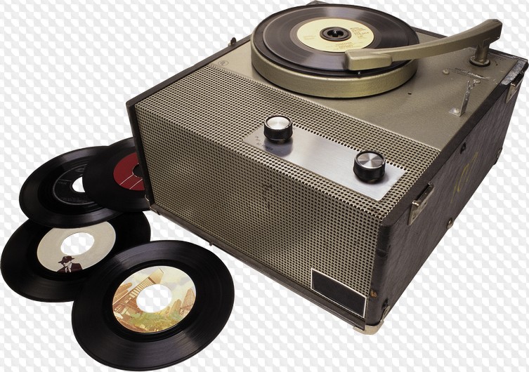 Phonographs, gramophones and record players on a transparent background