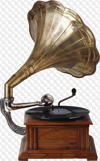 Phonographs, gramophones and record players on a transparent background