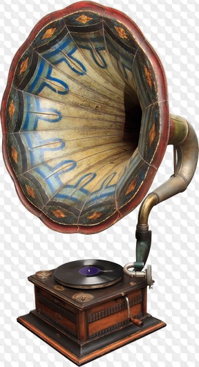 Phonographs, gramophones and record players on a transparent background