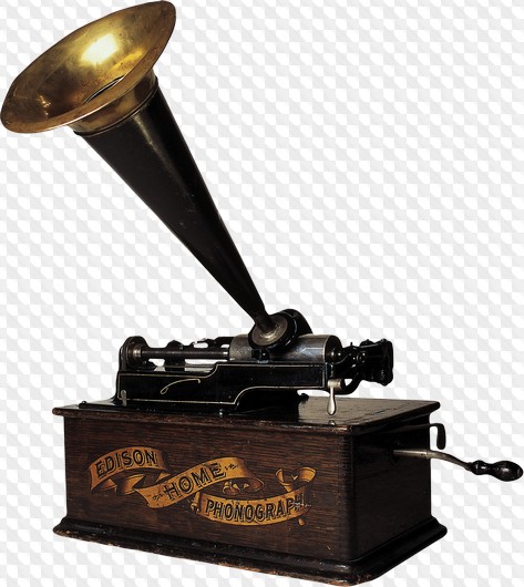 Phonographs, gramophones and record players on a transparent background
