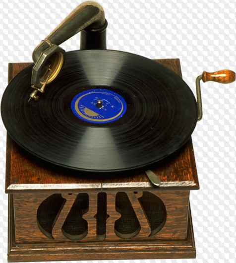 Phonographs, gramophones and record players on a transparent background