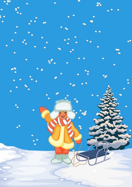 Children in winter sledding, ice skating, skiing, children playing ...