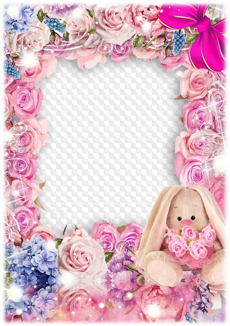 Bunny with pink roses, photo frame for birthday