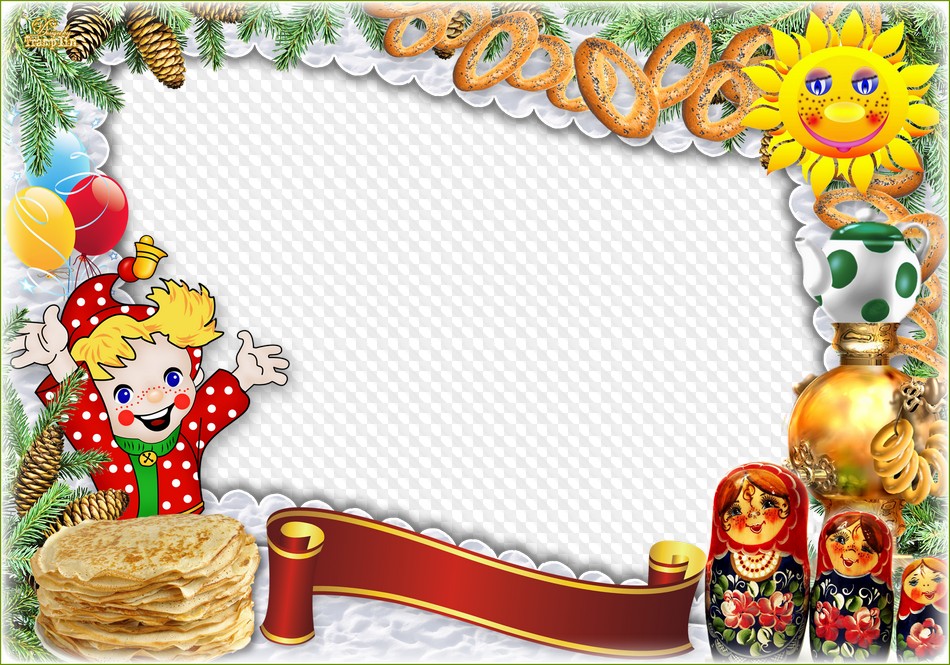Pancake week, photo frame with pancakes, samovar and nesting dolls