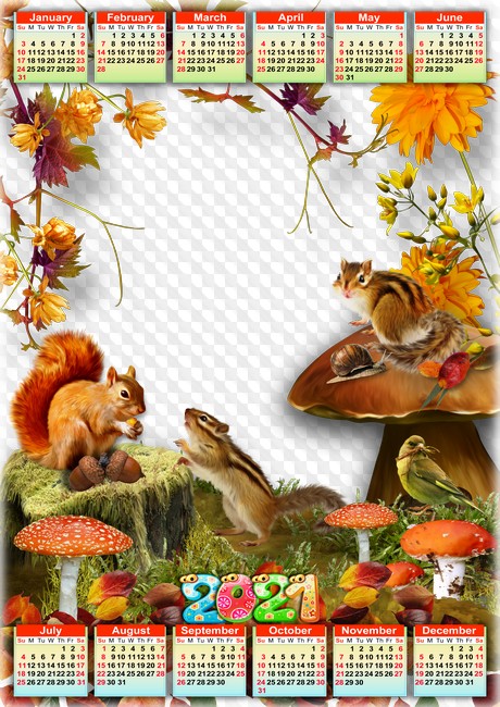 Autumn in the forest, 2021 Calendar with squirrels, fly agarics and ...