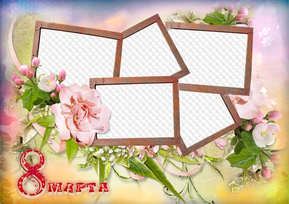 March 8 Photo frame for 5 photos (PSD + 4 PNG files), Inscriptions: 8 ...