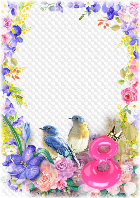 March 8, photo frame with spring flowers and birds.