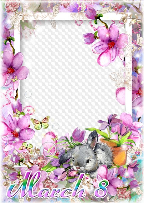March 8, photo frame spring flowers, rabbit and butterflies.