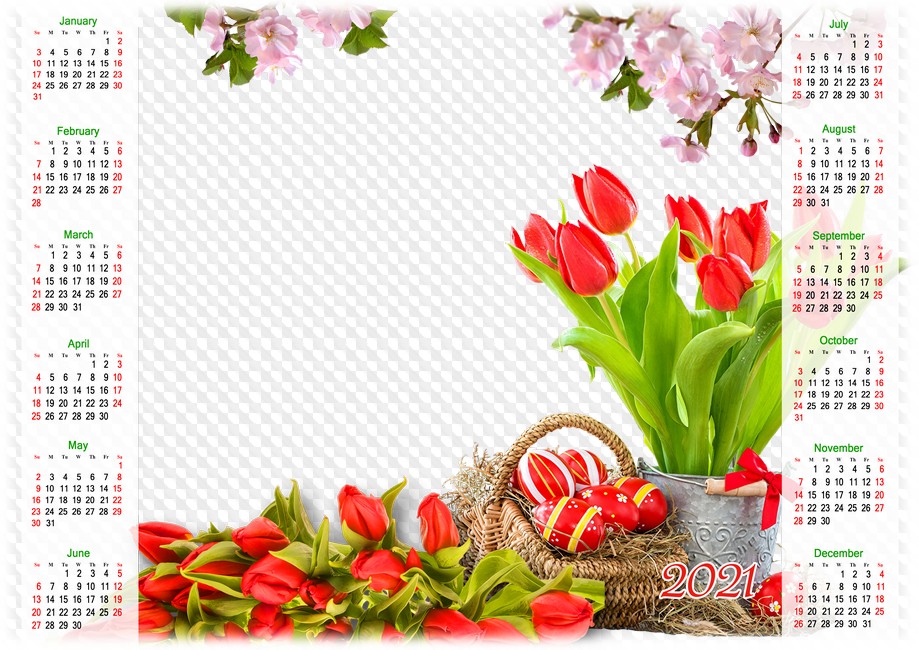 Spring flowers calendar 2021 red tulips. Calendar in PNG and PSD ...