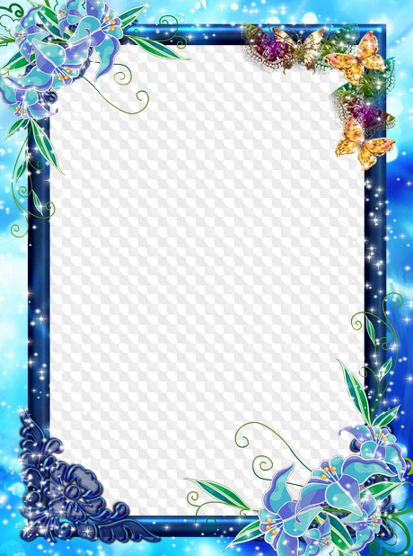 Blue flowers photo frame with flowers and butterflies.