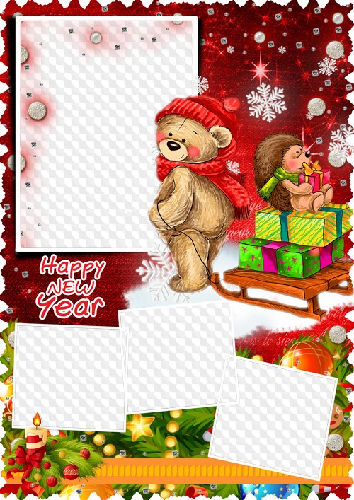 Christmas frame with Christmas gifts, a painted bear and hedgehog