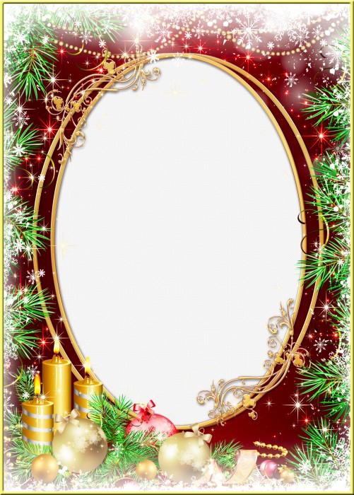 Christmas frame for Photoshop - Golden glow balls and christmas tree