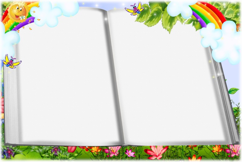 Open book, photo frame with a rainbow, sun and clouds.