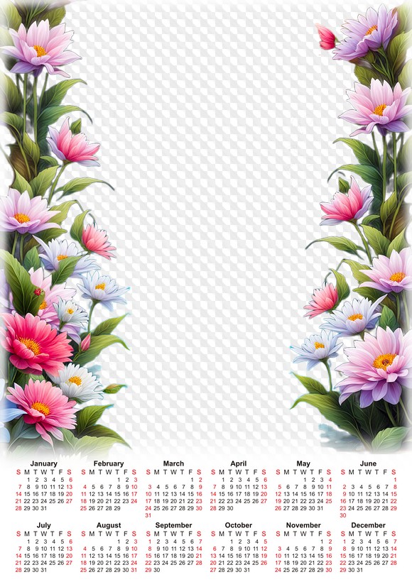 Spring, calendar 2024 photo frame with flowers