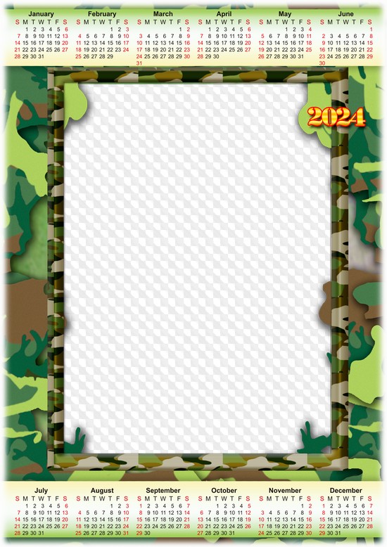 Military Calendar for 2024, portrait photo frame PNG, PSD.