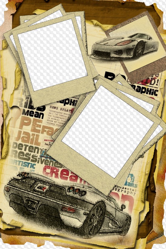 Car magazine, Polaroid photo frame two photos PNG download, PSD.