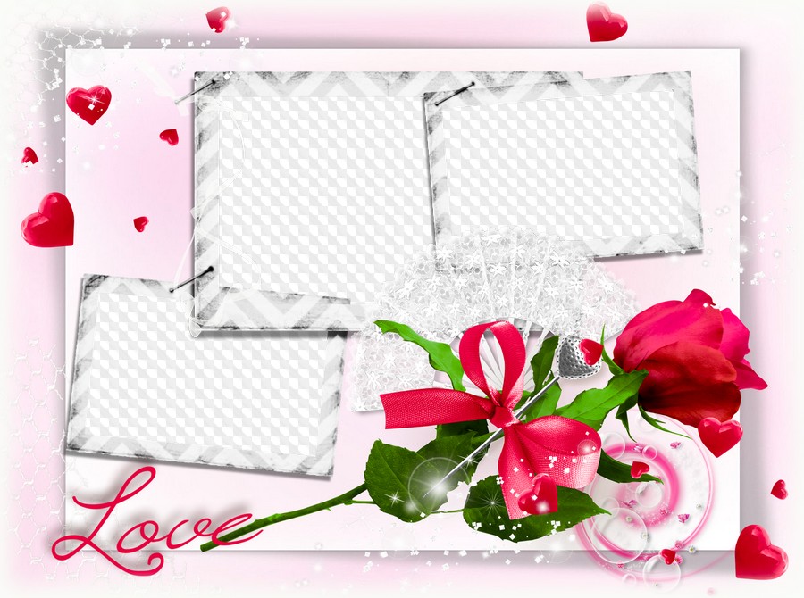 Romantic photo frame collage for three photos with a red rose, PNG, PSD.