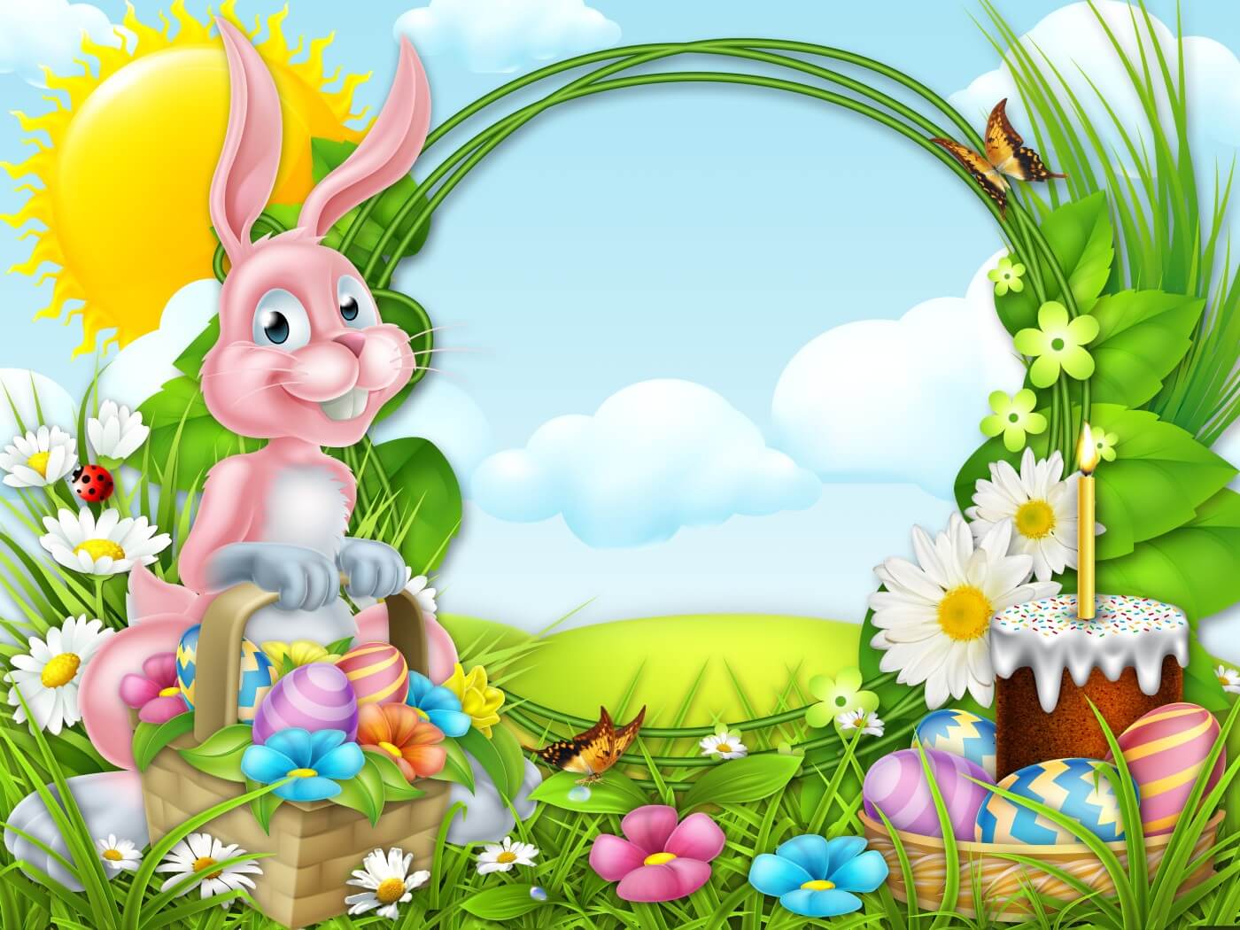 Easter frame for Photoshop, psd file with pink bunny, 2 photo frame options
