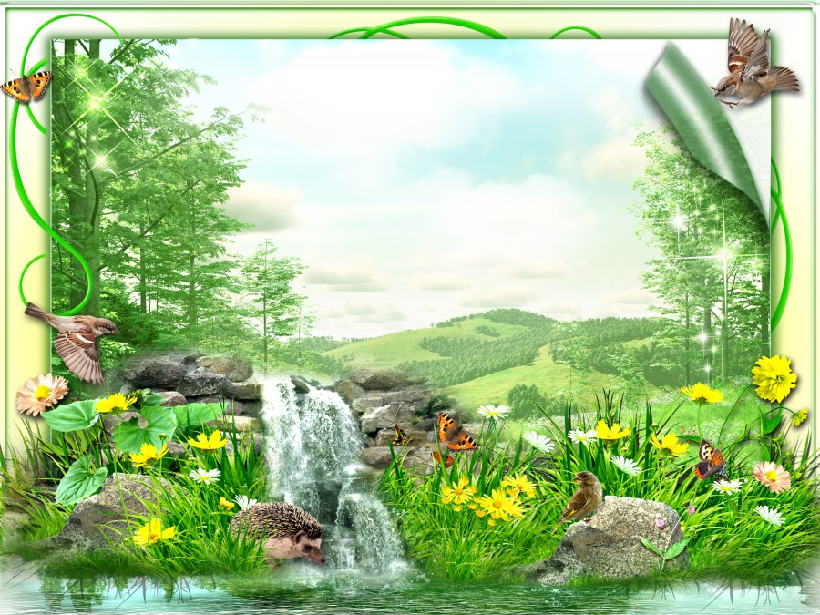 Waterfall in summer, photo collage frame, PSD