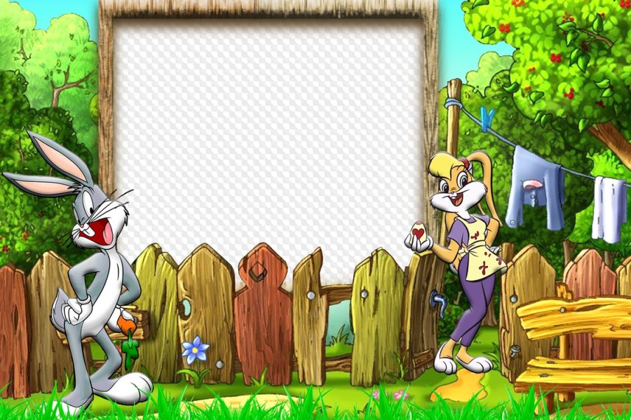 Five photo frames for children with cartoon characters, PSD