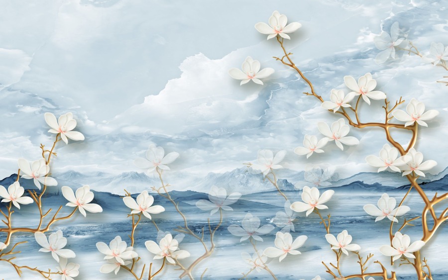 3D psd background wall blue fresh sea flower embossed