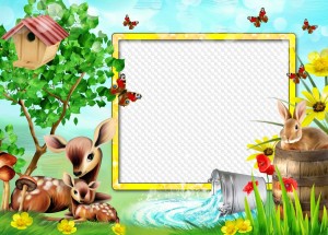 PSD, PNG, Childrens calendar for 2020 with a frame for photo, Bambi