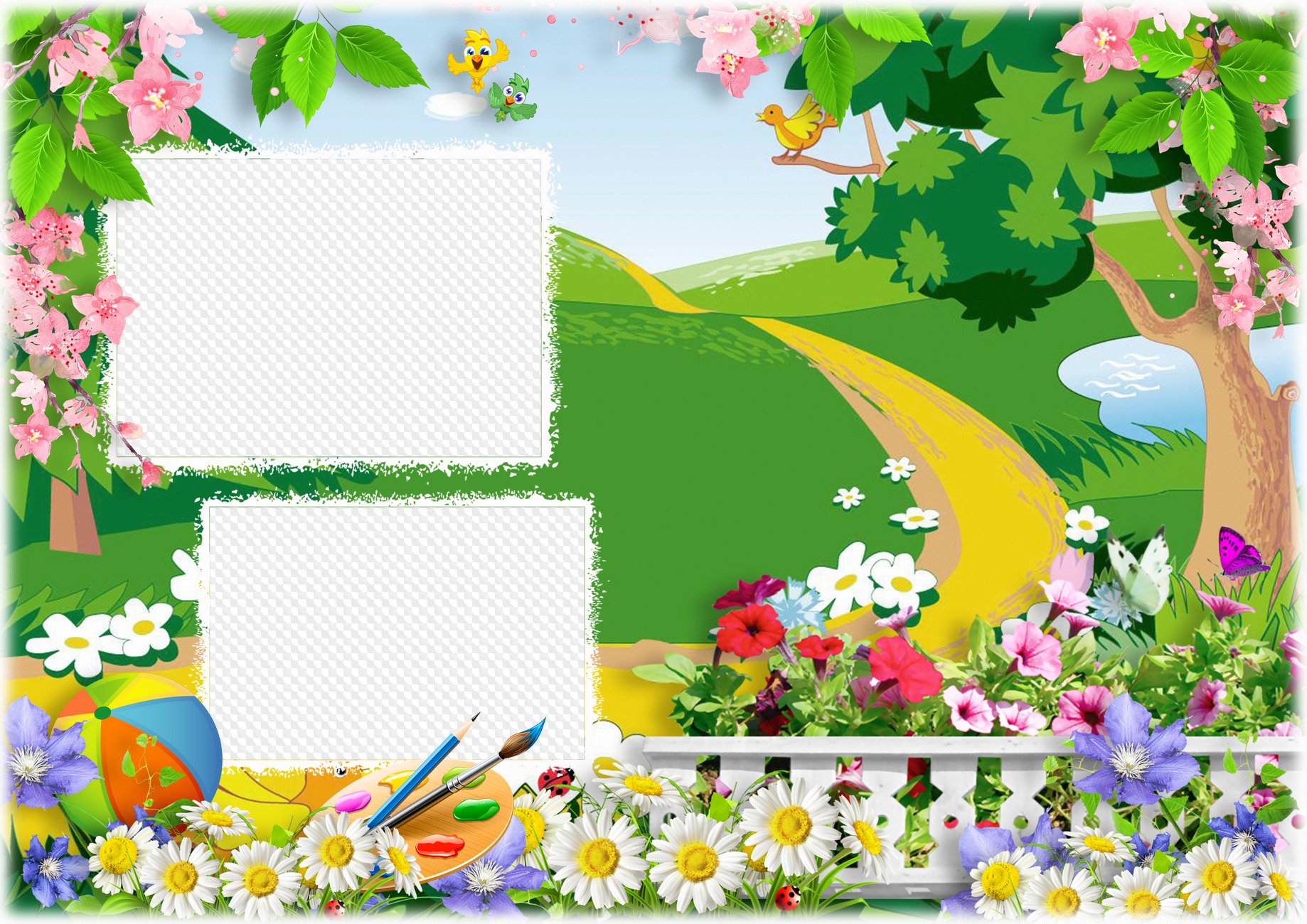 Kindergarten frame PNG, photo frame PSD, two children's backgrounds ...