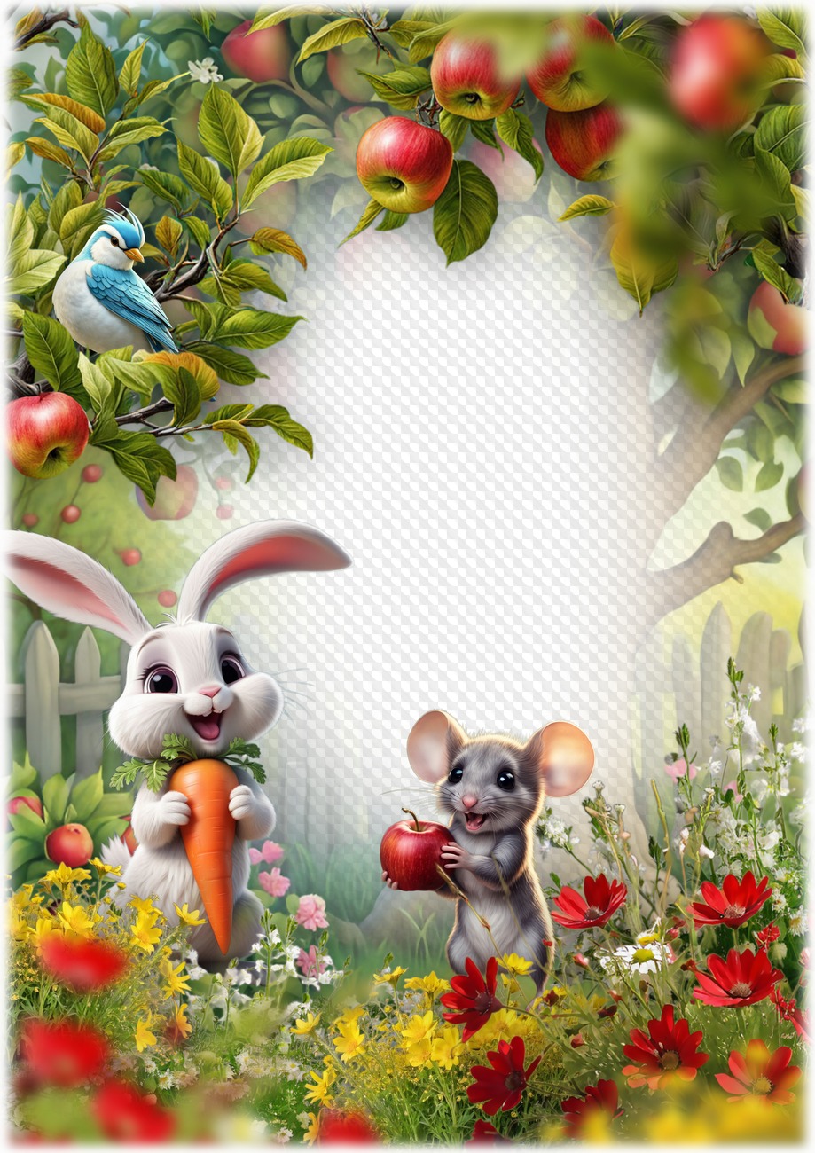 Marco de fotos infantil PNG de verano con un simpático conejito y un ratón.