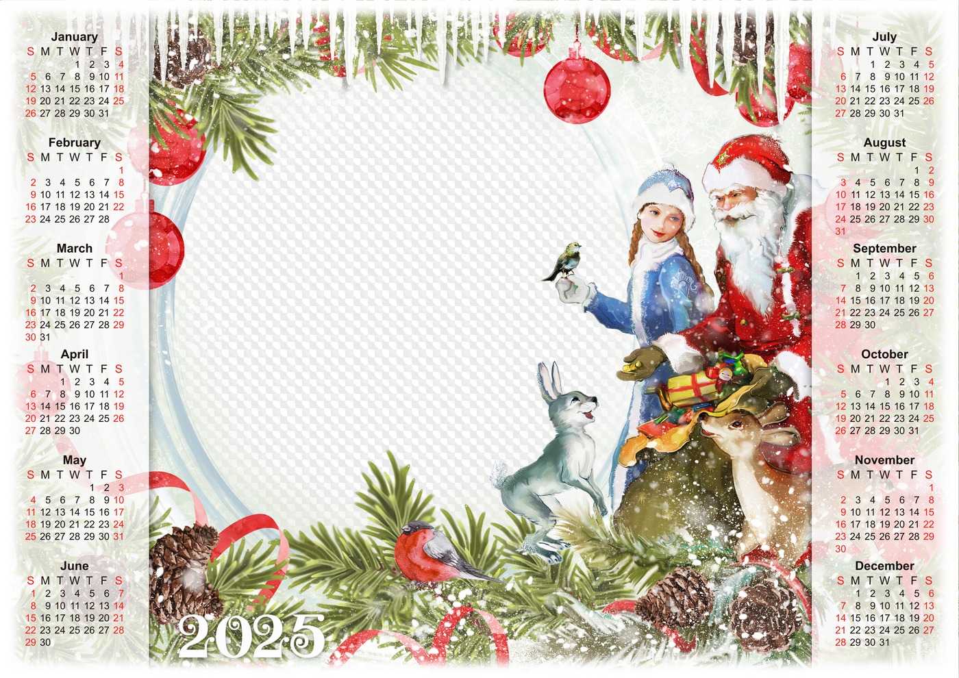 Winter New Year Calendar 2025 with Santa Claus, PSD, JPG, PNG