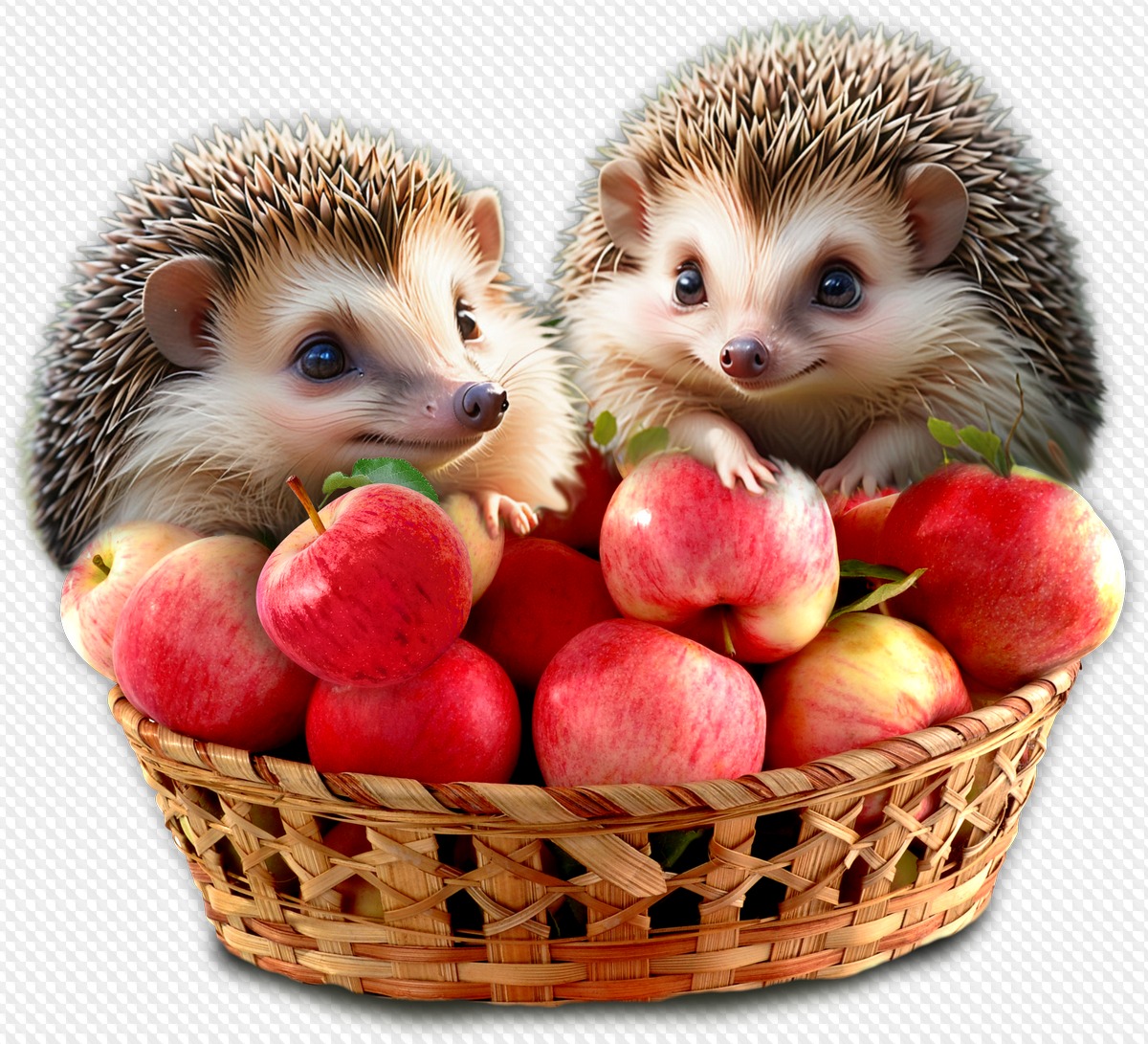 Hedgehogs with a basket of apples PNG transparent background