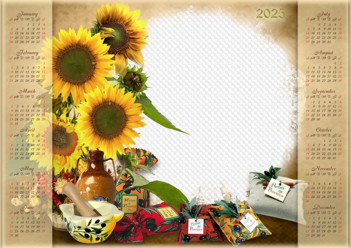 Sunflowers Calendar Photo Frame 2025 Download PSD, PNG, Printable Template