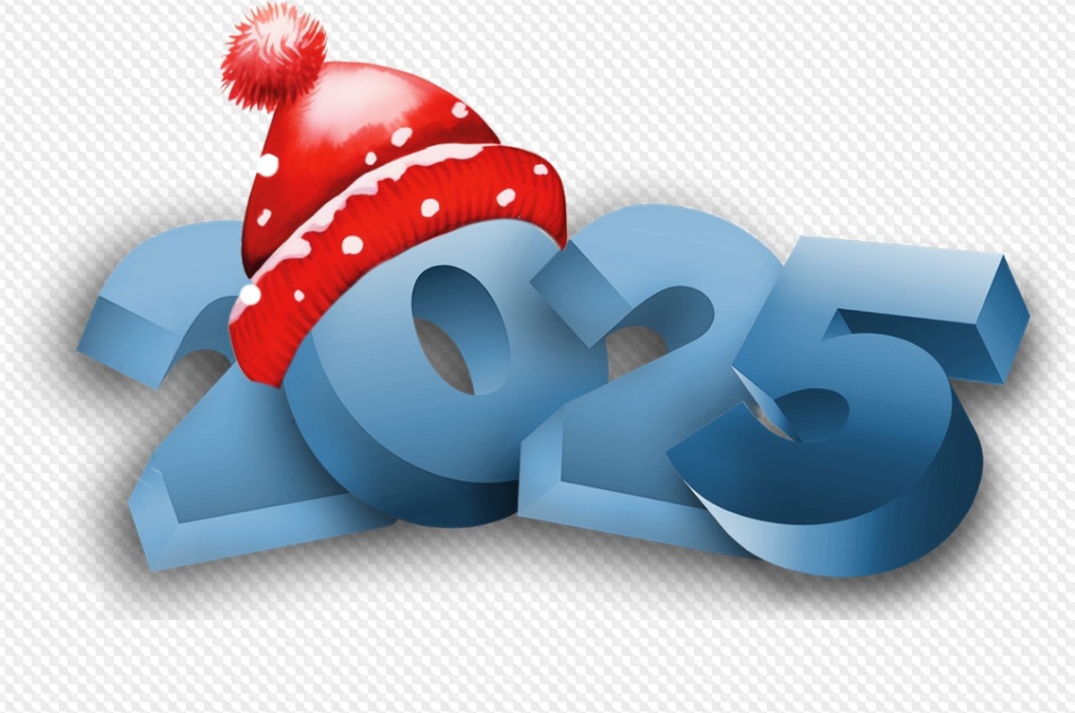 Blue numbers 2025 PNG with New Year's red hat, transparent background