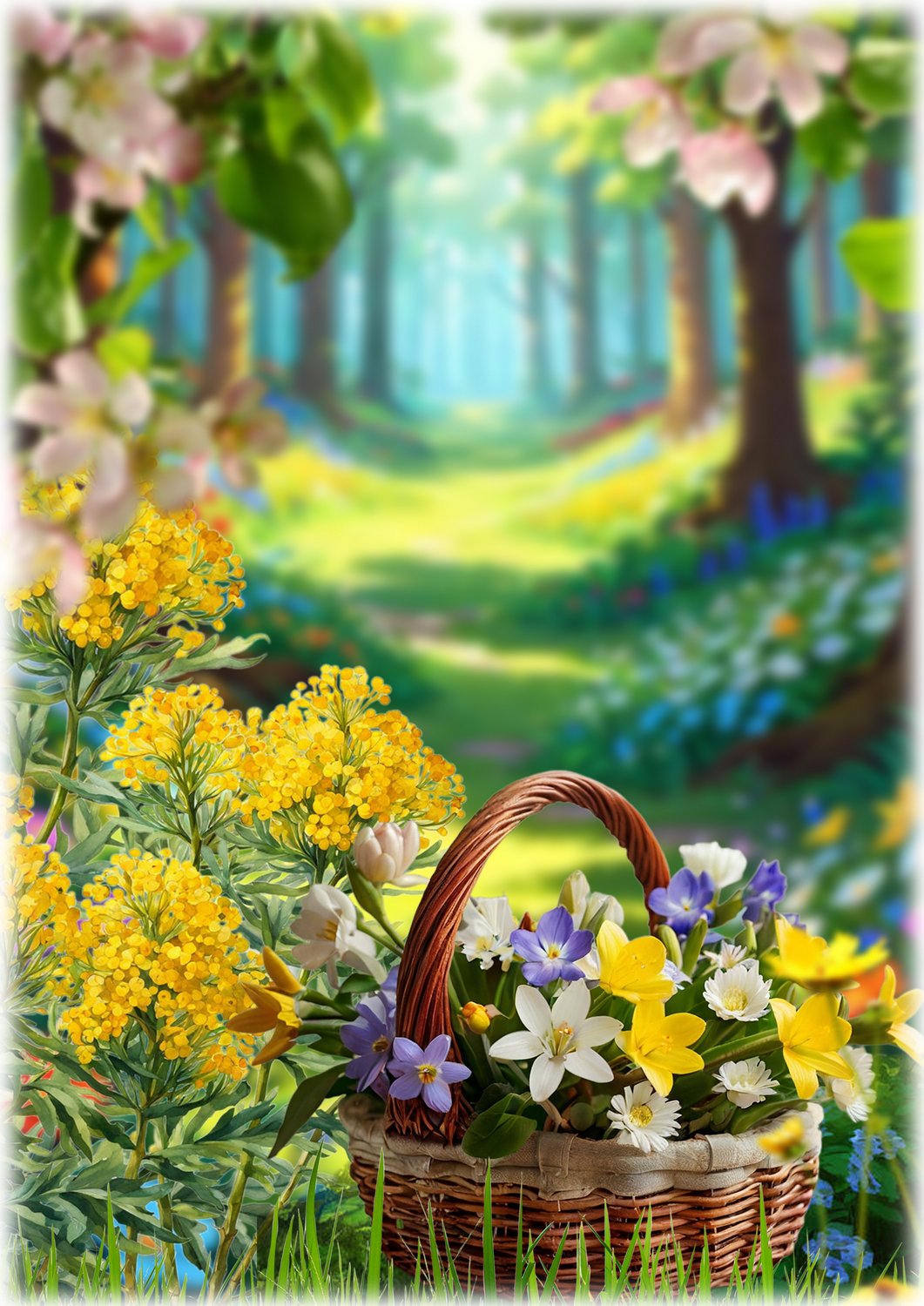 Festive photo frame with spring flowers