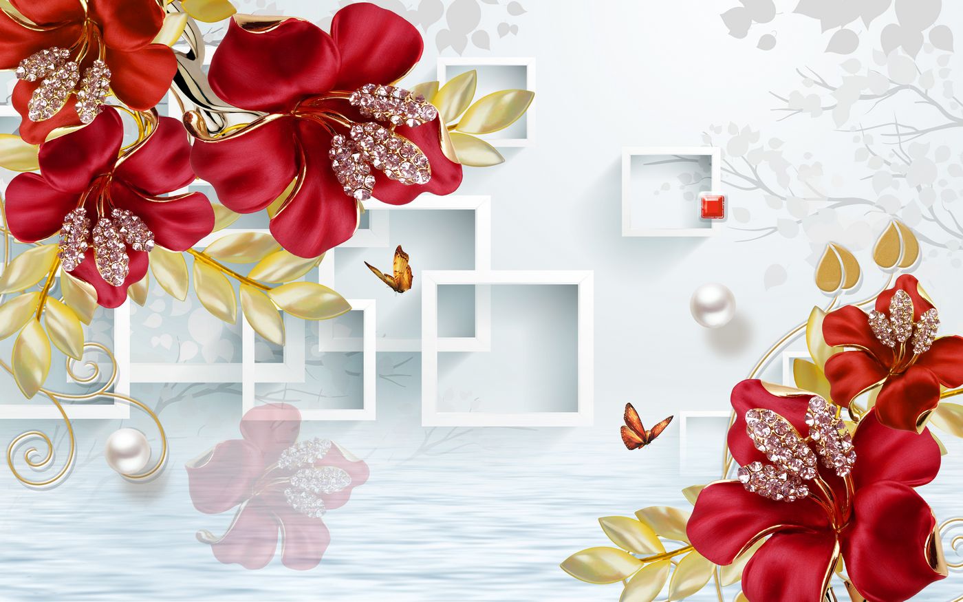 Red flowers 3D background PSD JPG