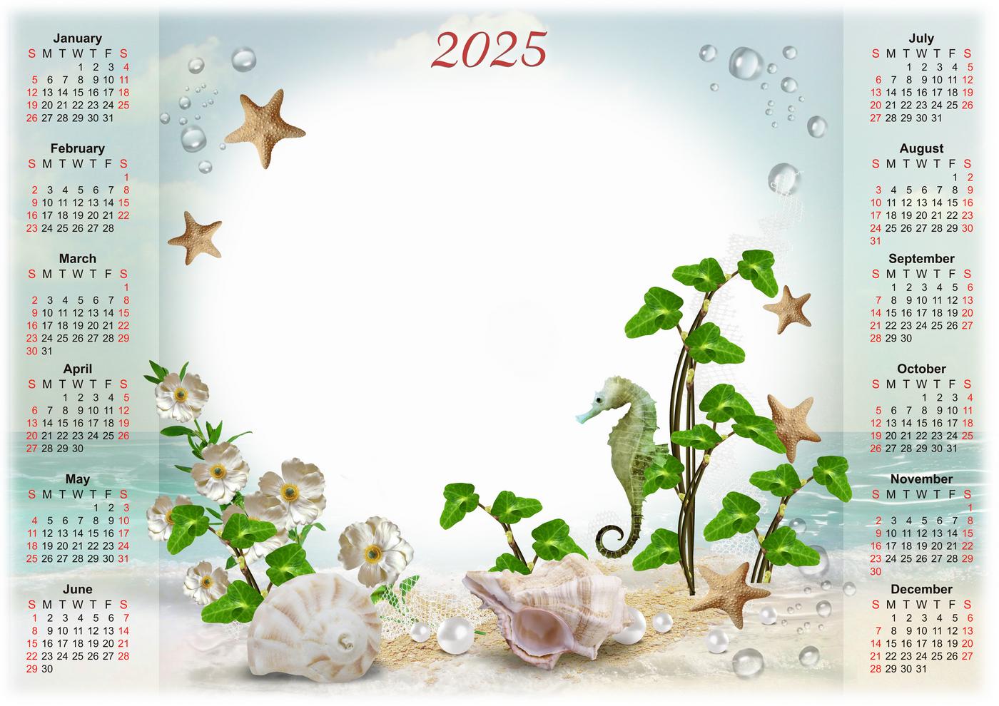 Sea 2025 Calendar PNG, JPG, free download. Calendar PSD template.