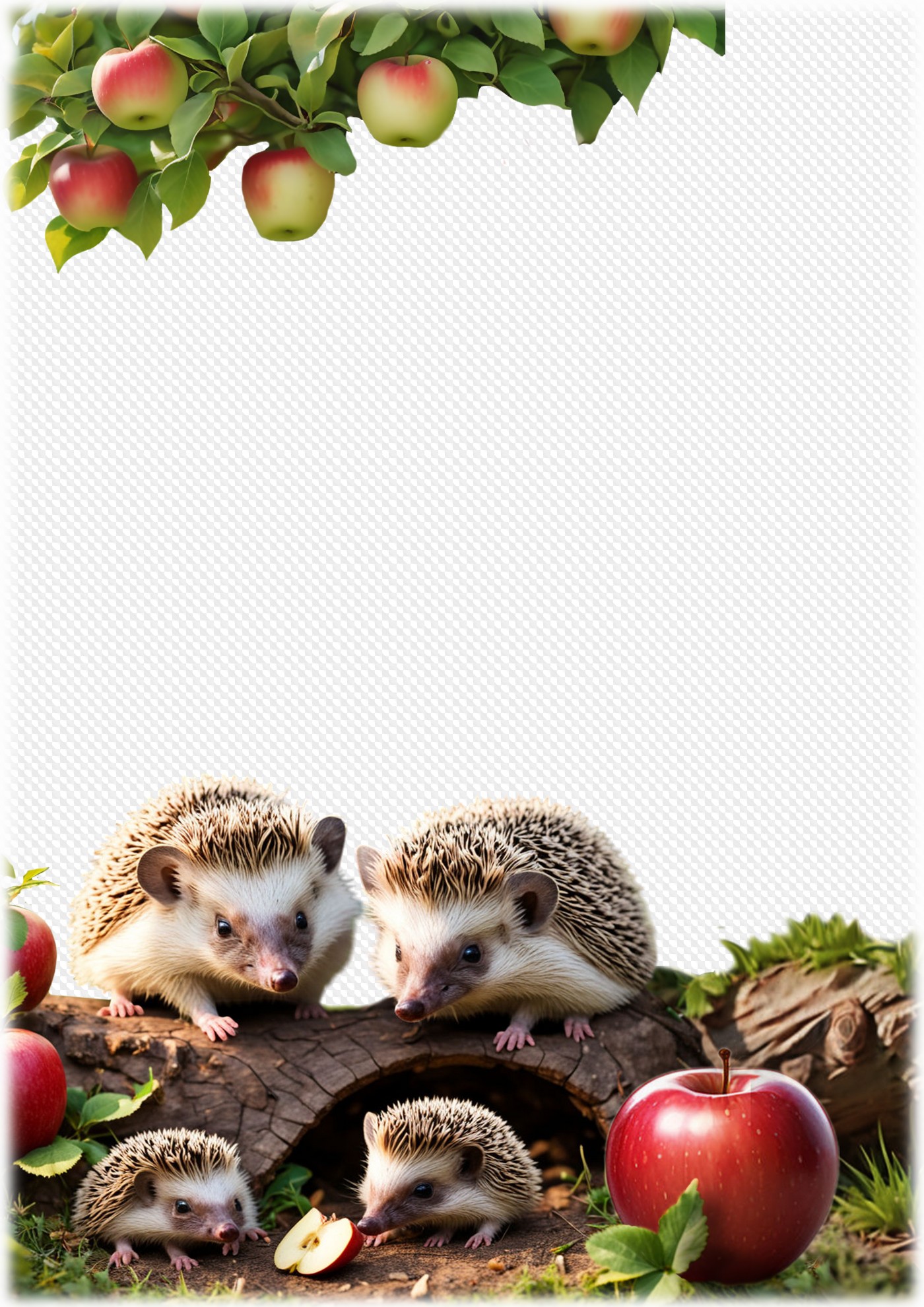 Hedgehogs in an apple orchard: photo frame for a gardener