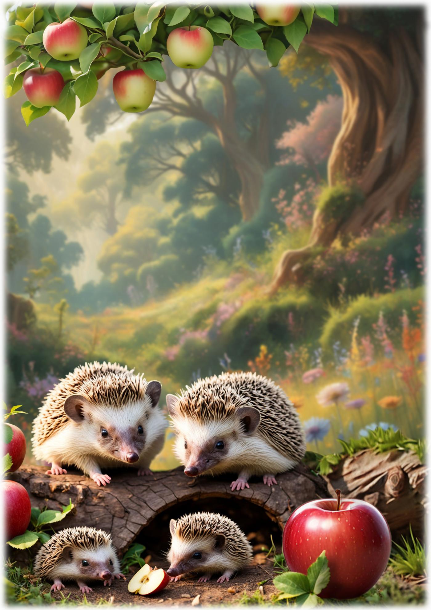 Hedgehogs in an apple orchard: photo frame for a gardener