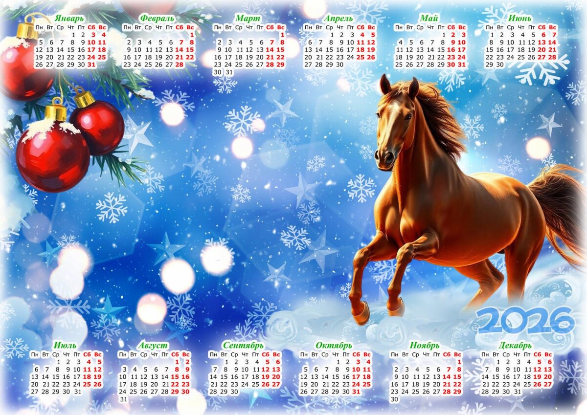 Calendar with horse 2026, 2 JPG, PSD, RUS. Calendar photo frame with horse 2026, PNG, PSD, RUS.