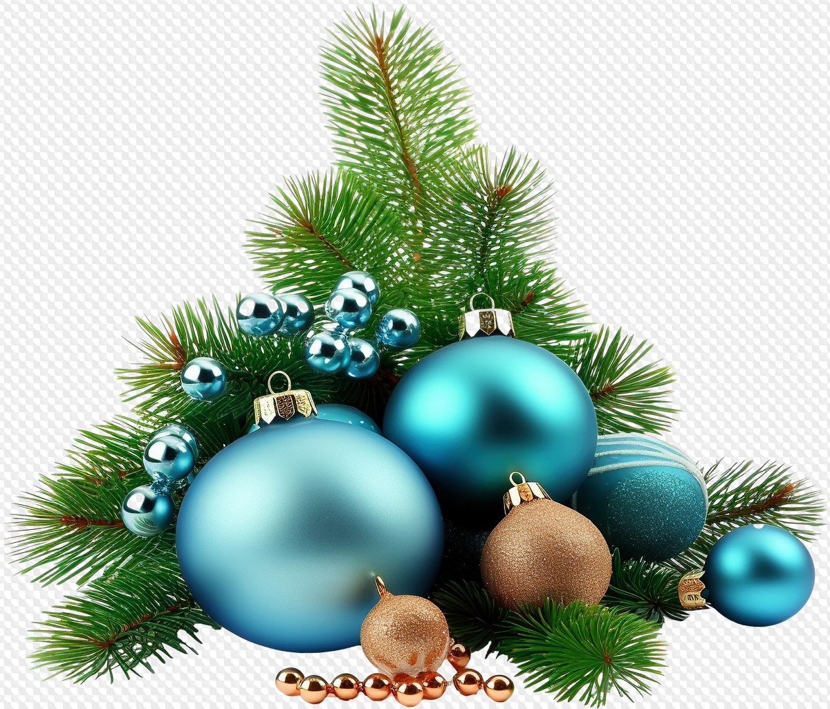 Ramas de pino con bolas navideñas PNG fondo transparente